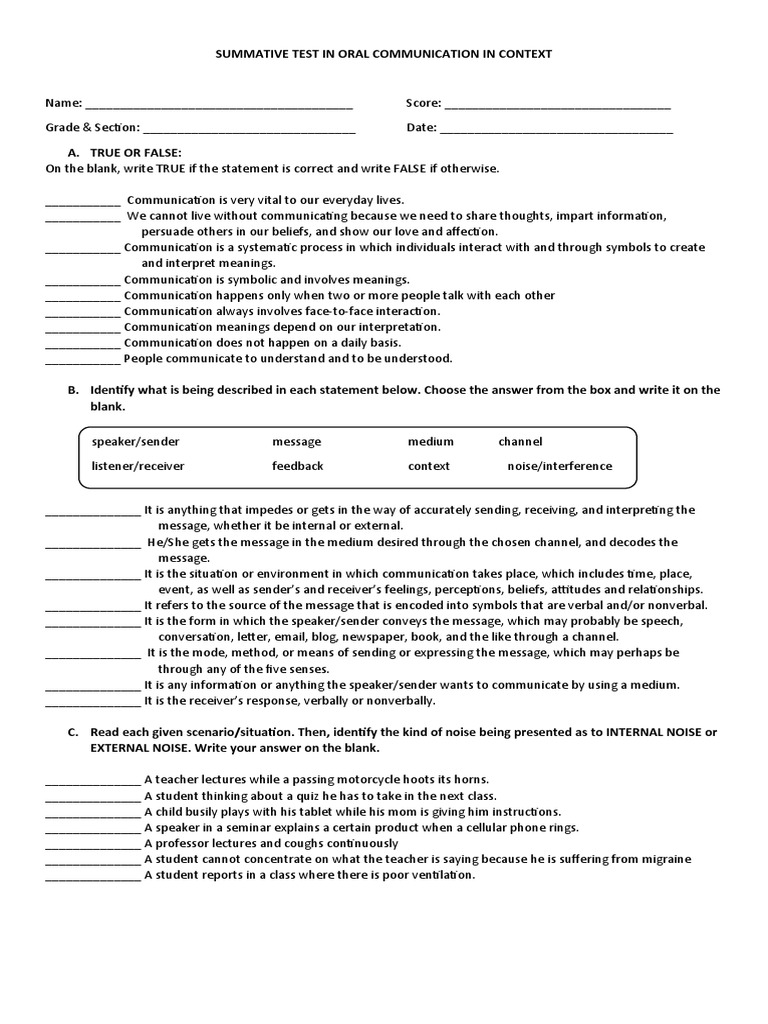 Oral Communication Summative Test | PDF | Neuropsychological Assessment ...