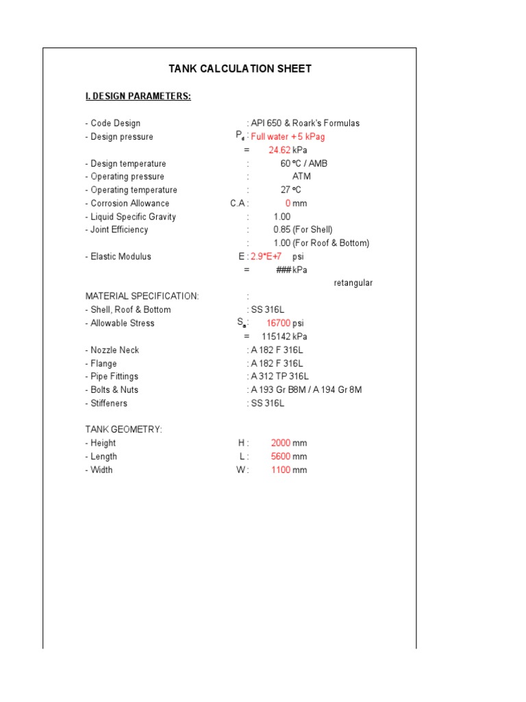 Tank Calculation Sheet: I. Design Parameters | PDF | Physical ...