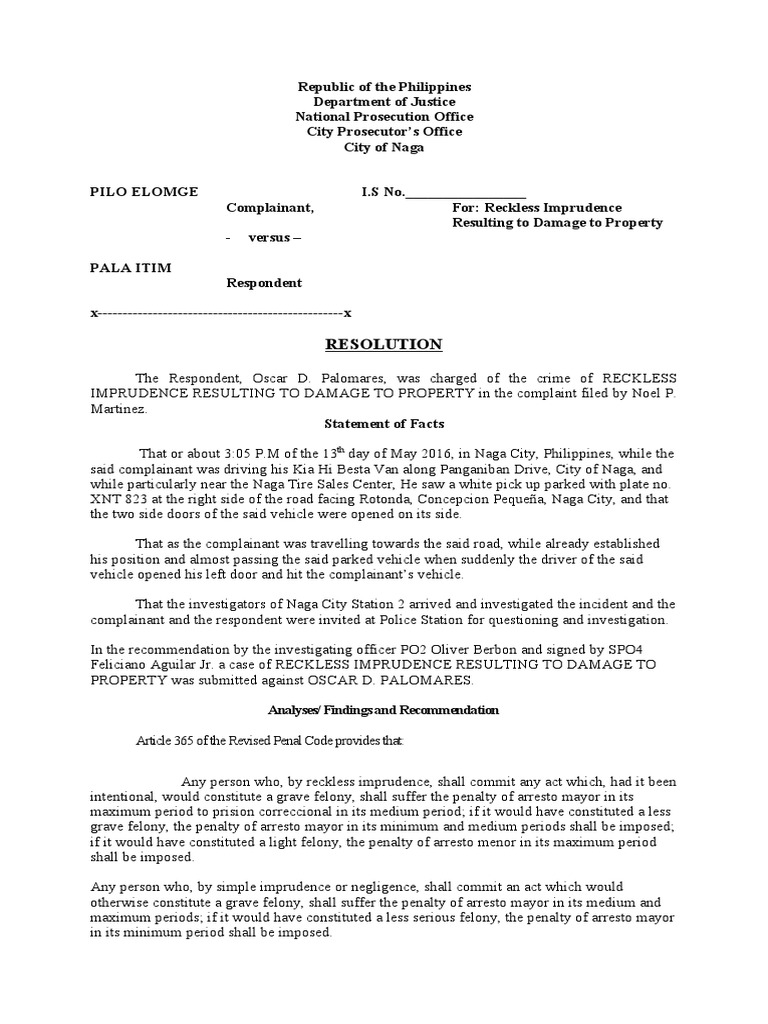 Reckless Imprudence Resulting To Damage To Property | PDF | Felony ...