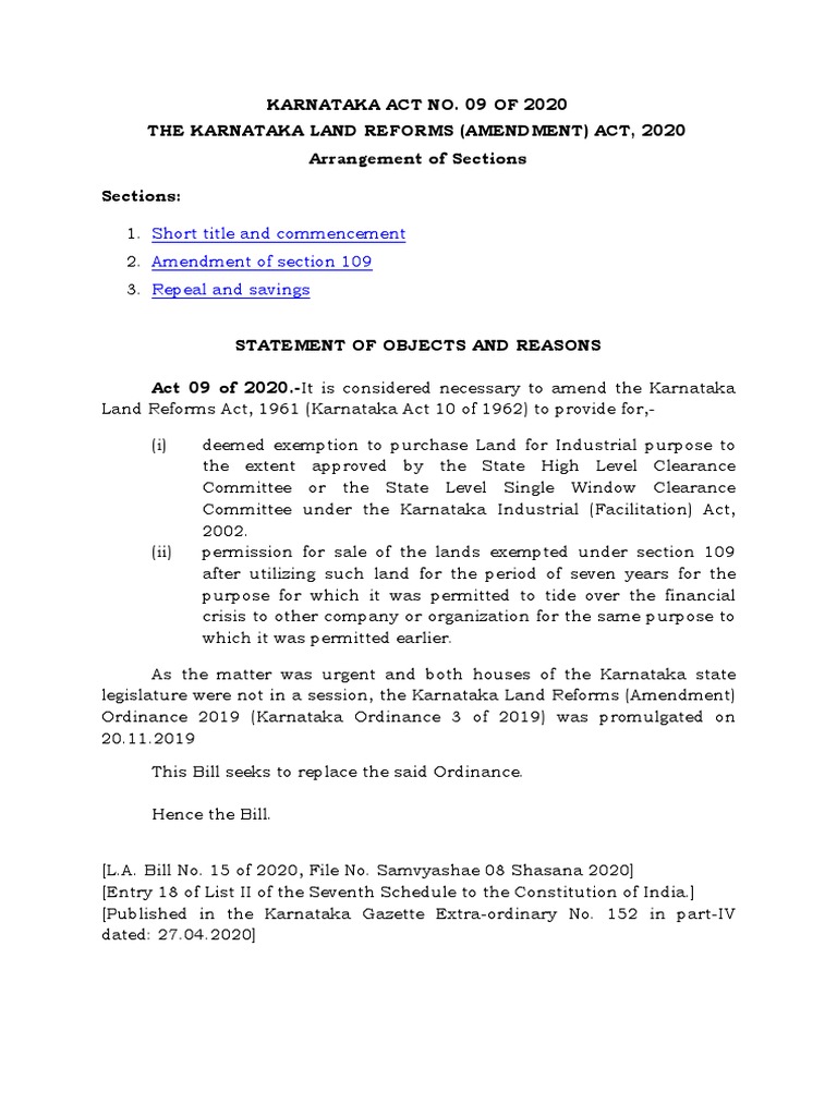 The Karnataka Land Reforms Amendment Act 2020 | PDF | Bill (Law) | Repeal