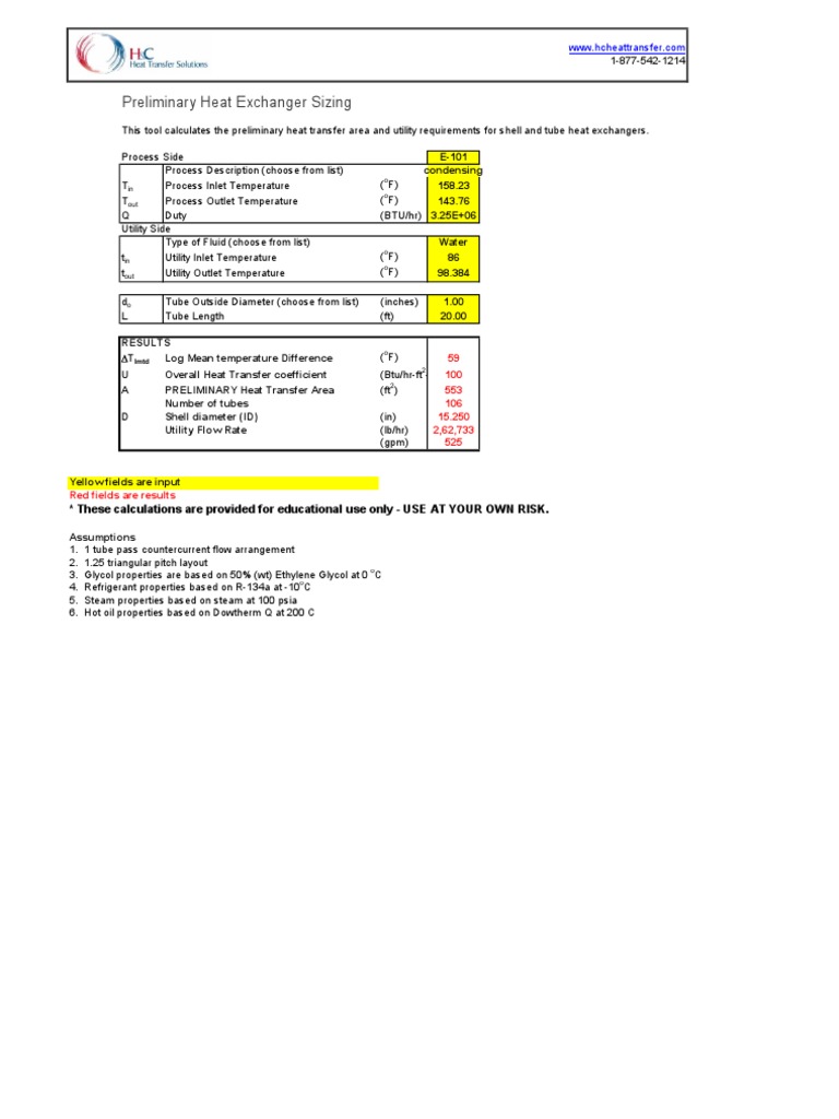 Preliminary Heat Exchanger Sizing: These Calculations Are Provided For ...