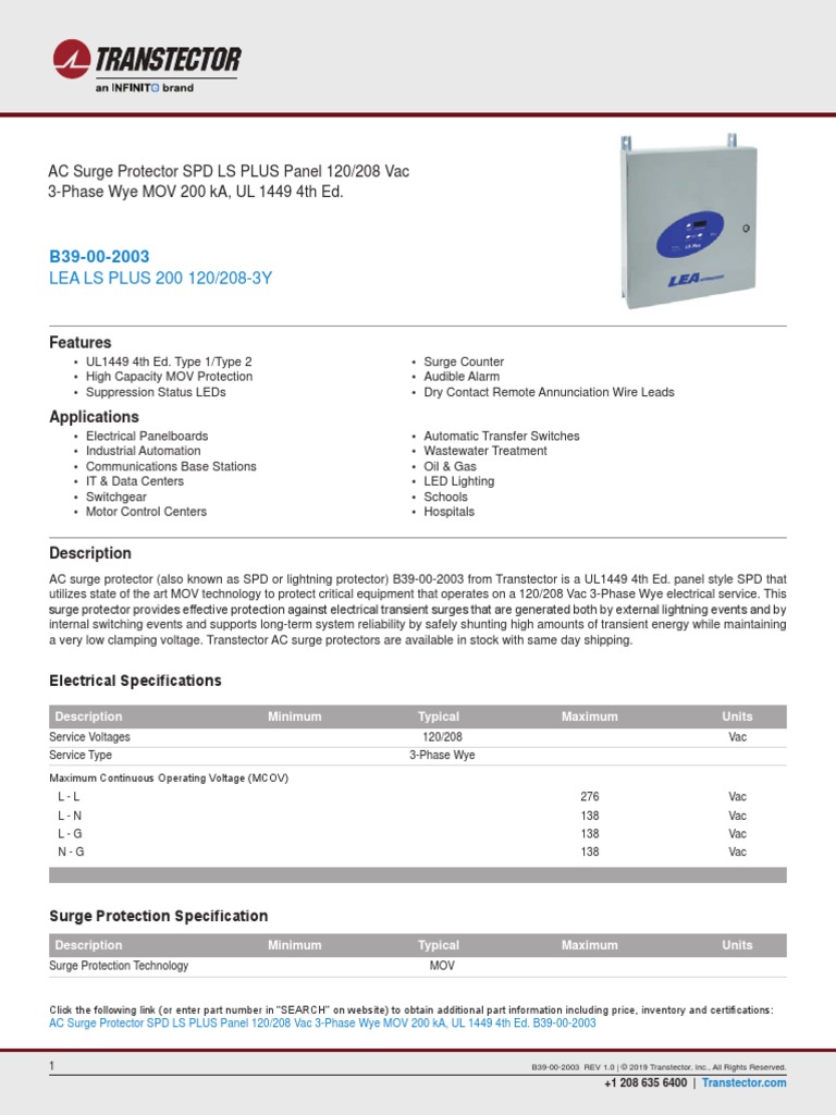 LEA LS PLUS 200 120/208-3Y: AC Surge Protector SPD LS PLUS Panel 120/ ...