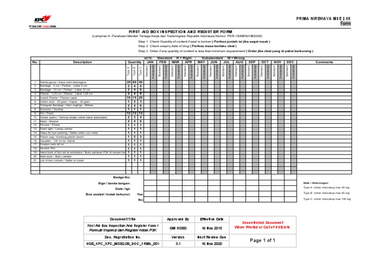 First Aid Box Inspection and Register Form: Prima Nirbhaya Mse 2.08 ...