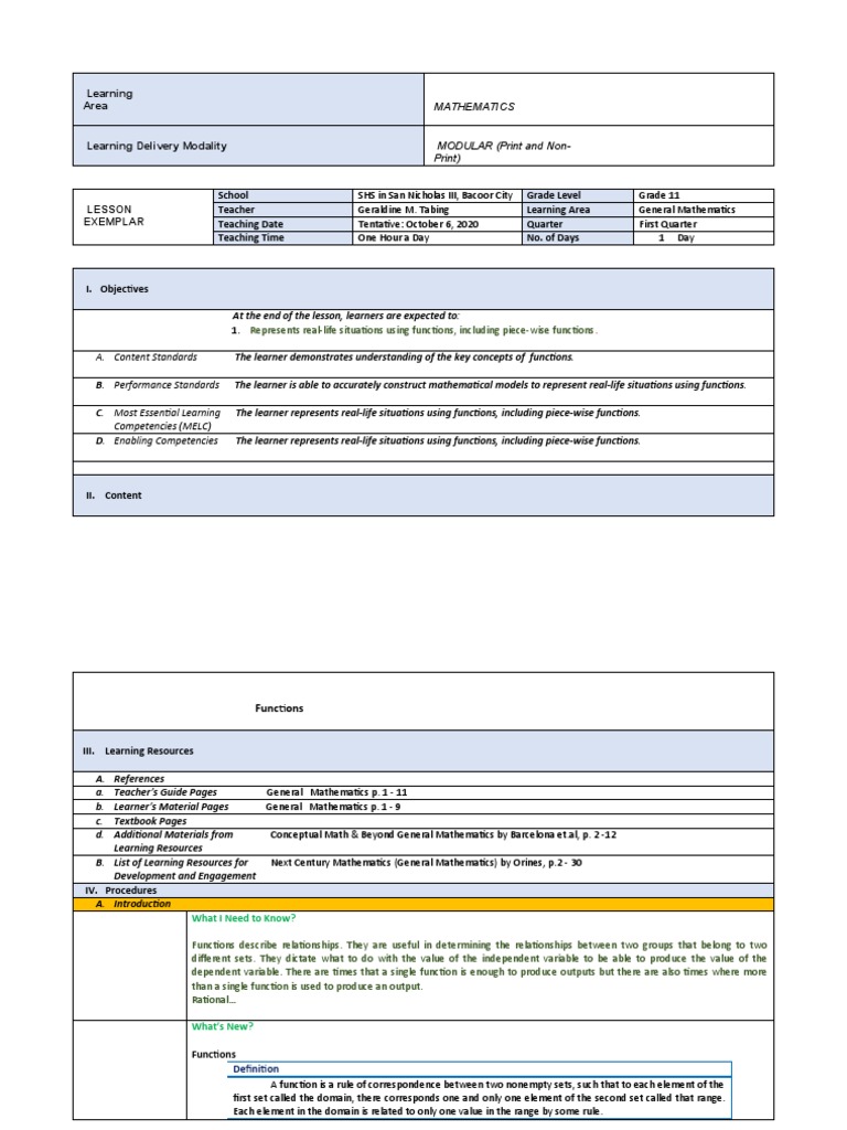 Gen. Math Lesson Exemplar Tabing | PDF | Domain Of A Function ...