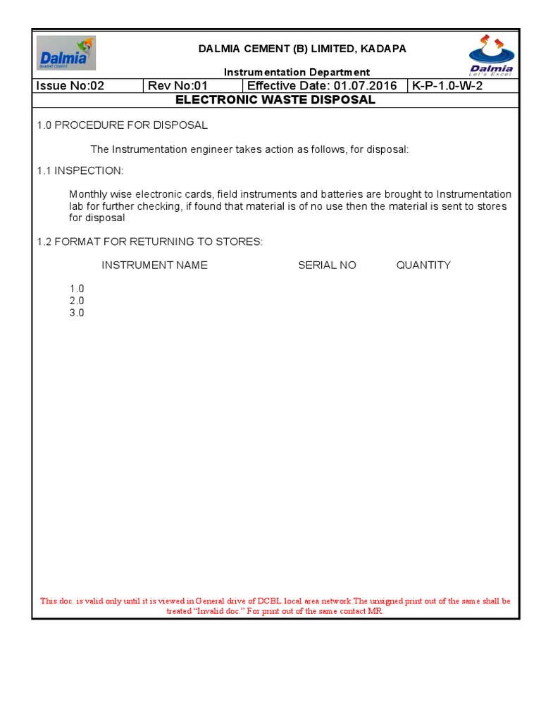 Standard Operating Procedure For (ELECTRONIC WASTE DISPOSAL) | PDF