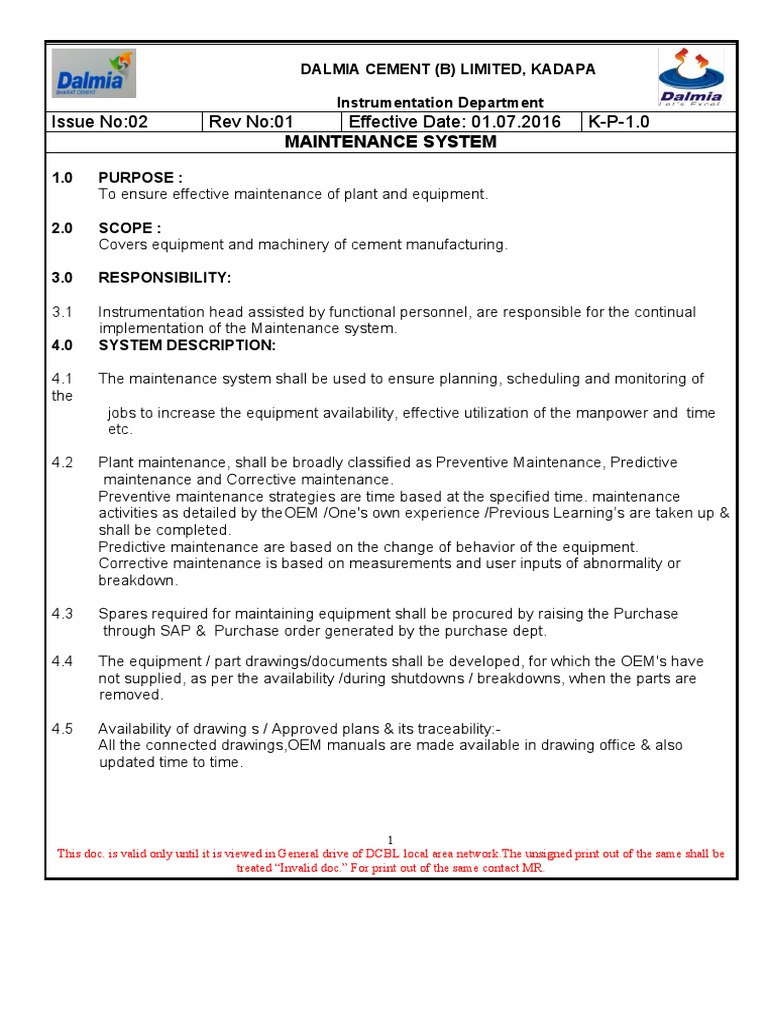 Maintenance SOP for Cement Equipment | PDF | Systems Engineering ...
