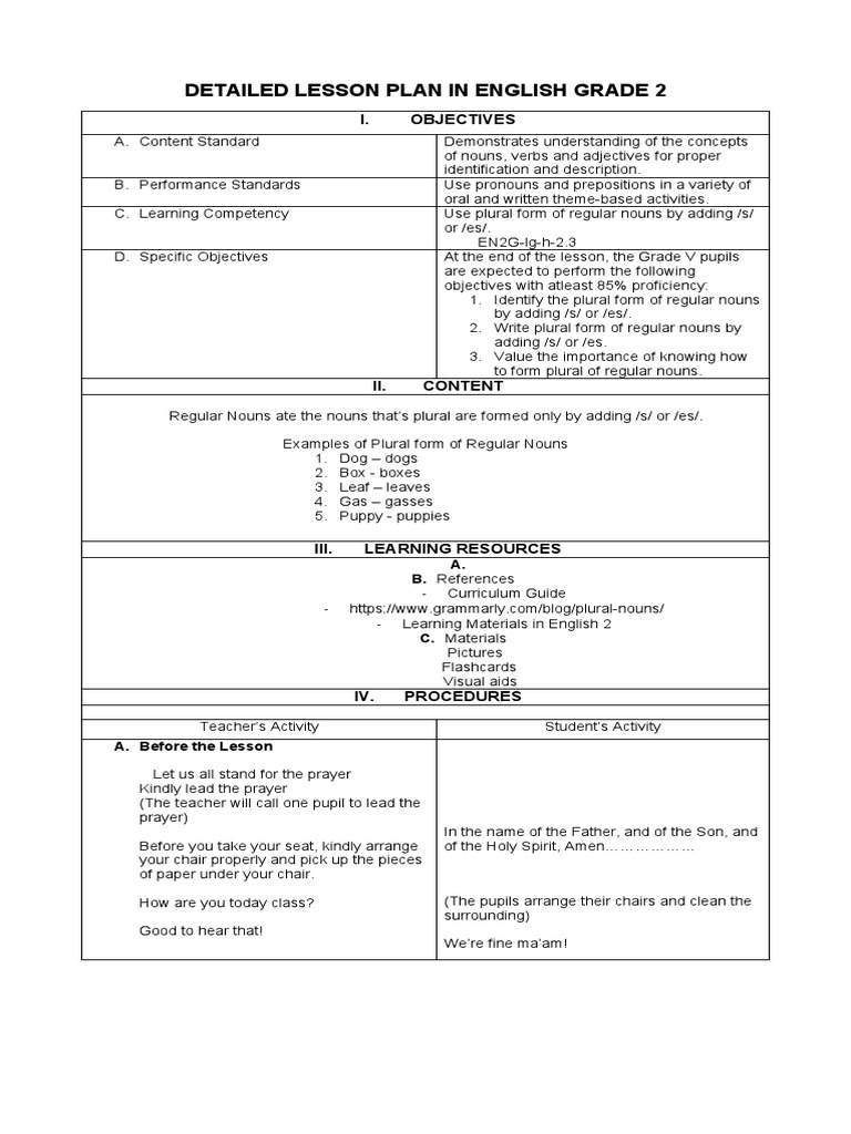 Detailed Lesson Plan in English Grade 2: I. Objectives | PDF | Plural ...