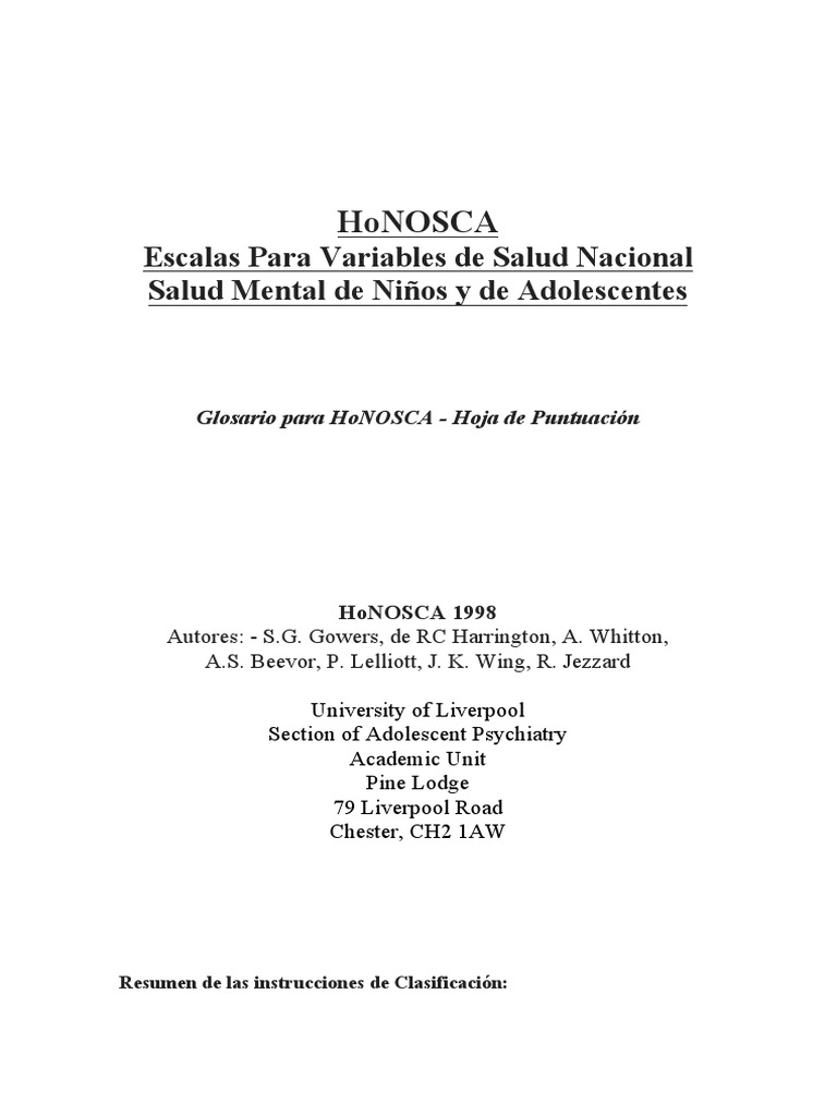 Escalas HoNOSCA para Salud Mental Infantil | PDF | Autolesiones ...