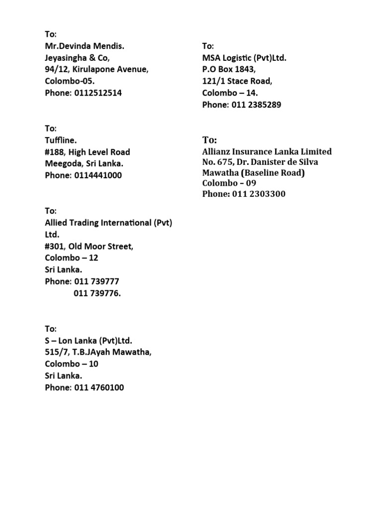 Allianz Insurance Colombo Address | PDF