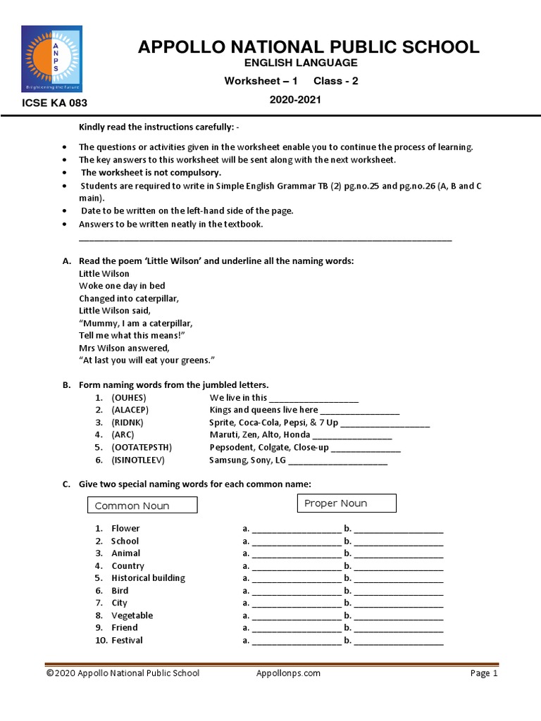 Class 2 English Gramar Worksheet 1 (IST-23062020011956) | PDF ...