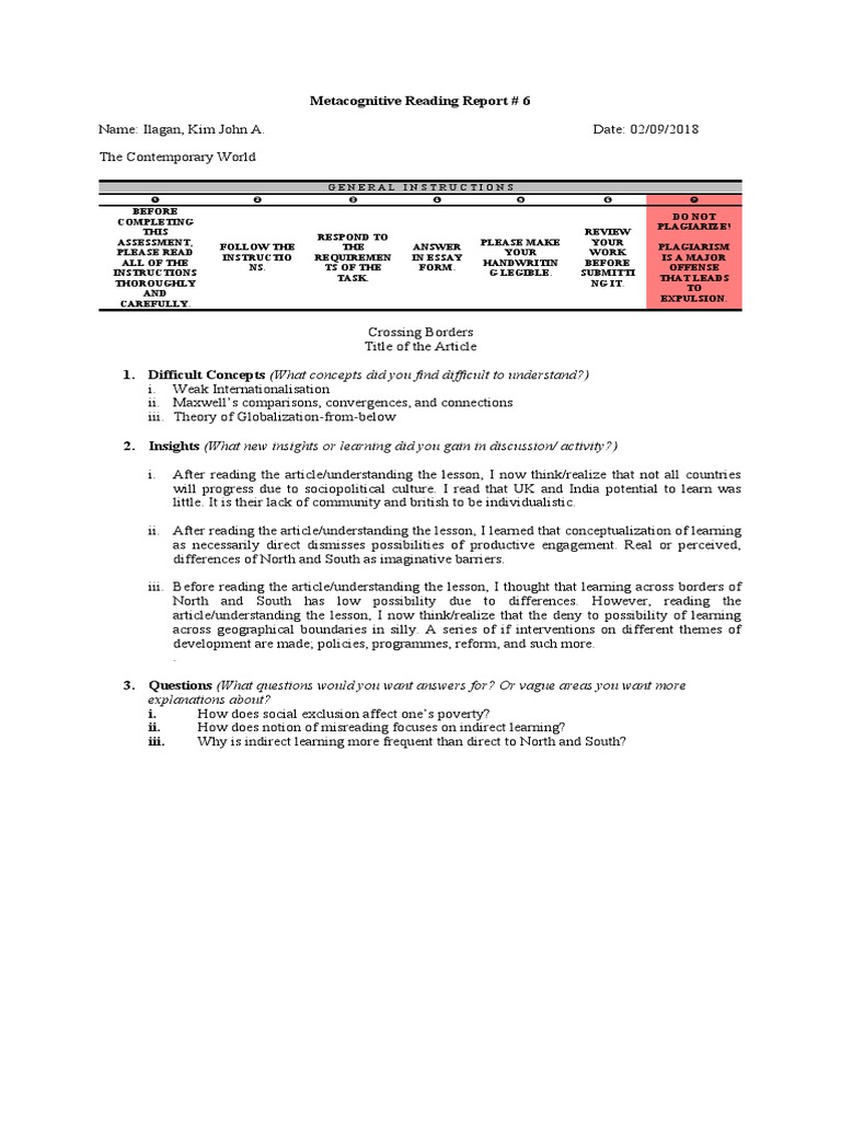 Metacognitive Reading Report 6 | PDF | Metacognition | Cognition