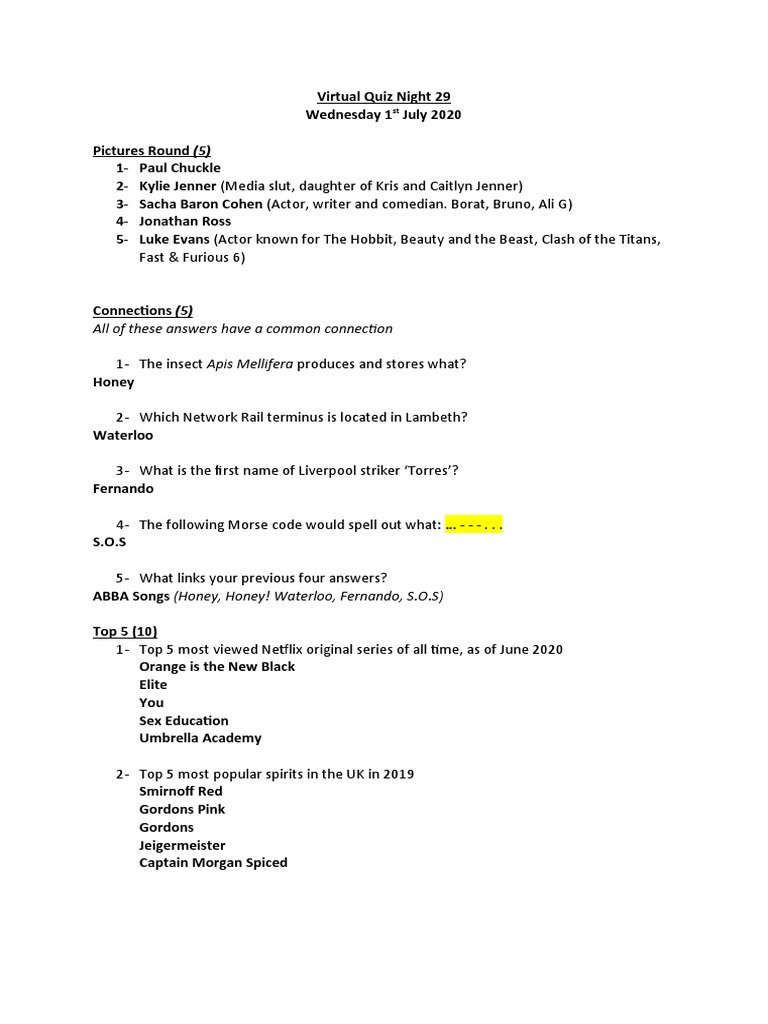Virtual Quiz Night Questions and Answers | PDF