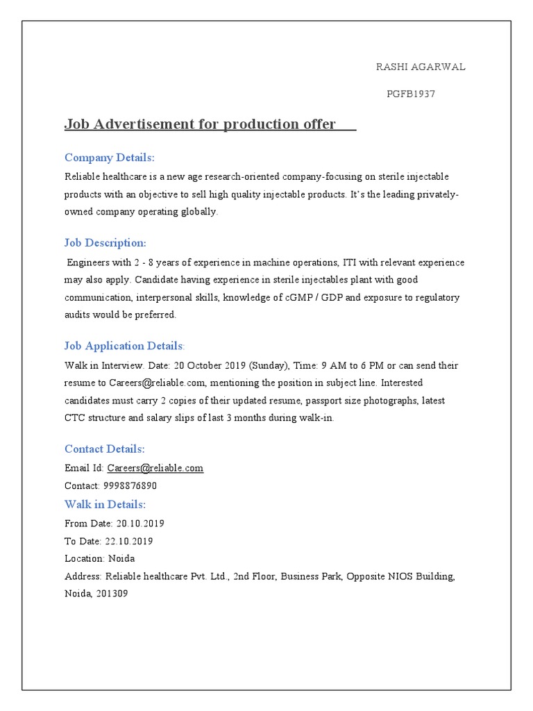 Job Advertisement For Production Offer: Company Details | PDF
