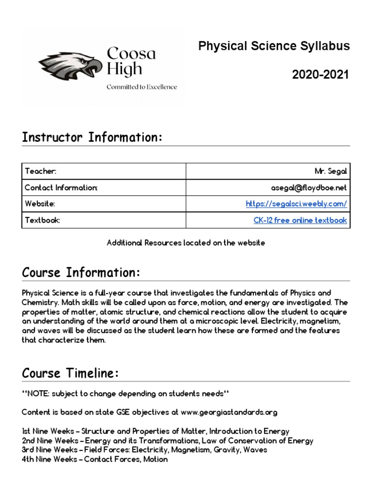 Physical Science Syllabus 20-21 | PDF | Force | Matter