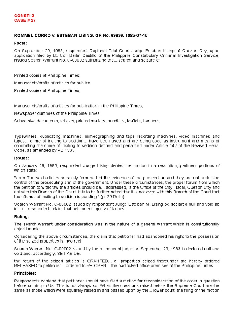 Corro vs. Lising | PDF | Writ | Search Warrant