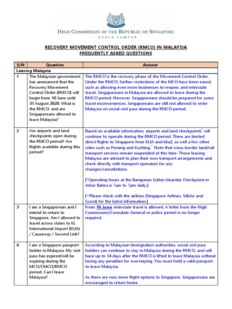 Recovery Movement Control Order (Rmco) in Malaysia Frequently Asked ...