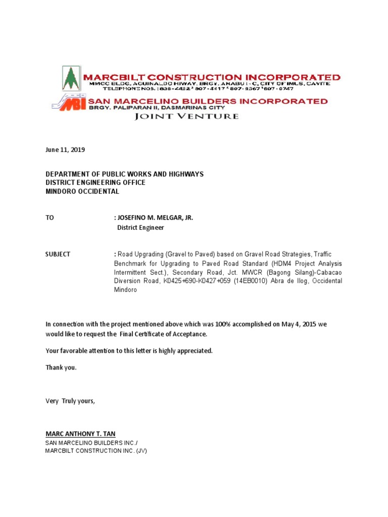 Letter Request Final Acceptance | PDF