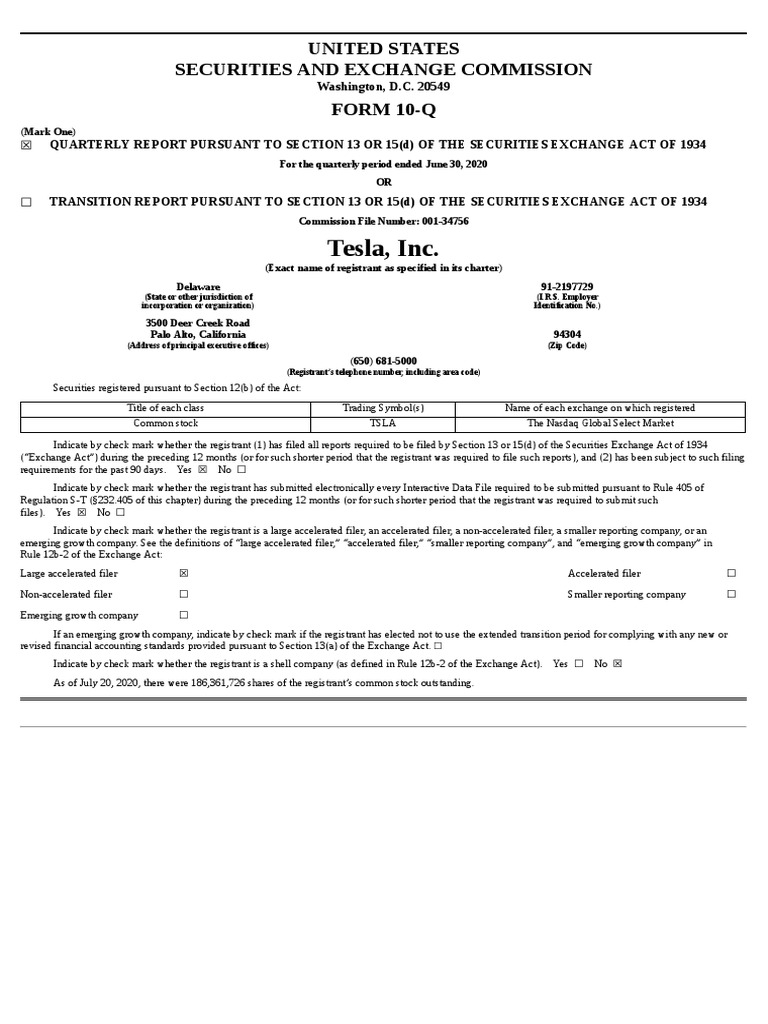 Tesla SEC Filing Q2 2020 | PDF | Securitization | Deferral
