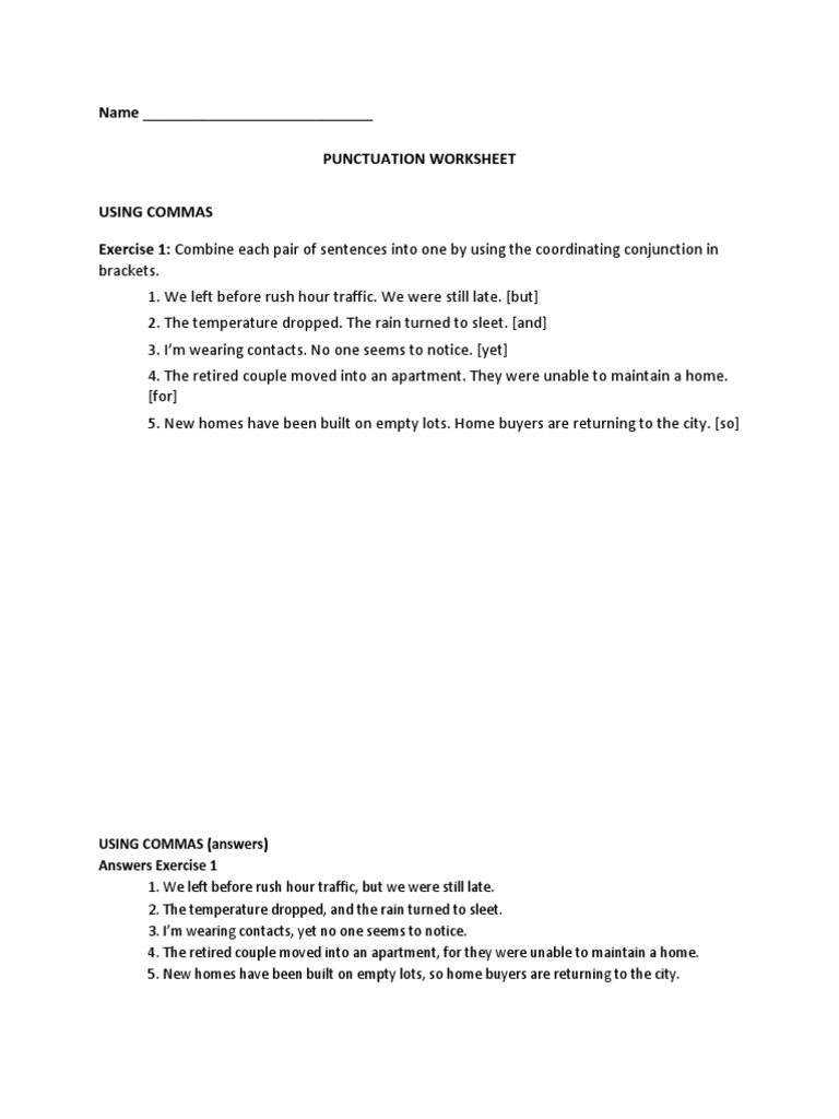 Name - Punctuation Worksheet: USING COMMAS (Answers) Answers Exercise 1 ...