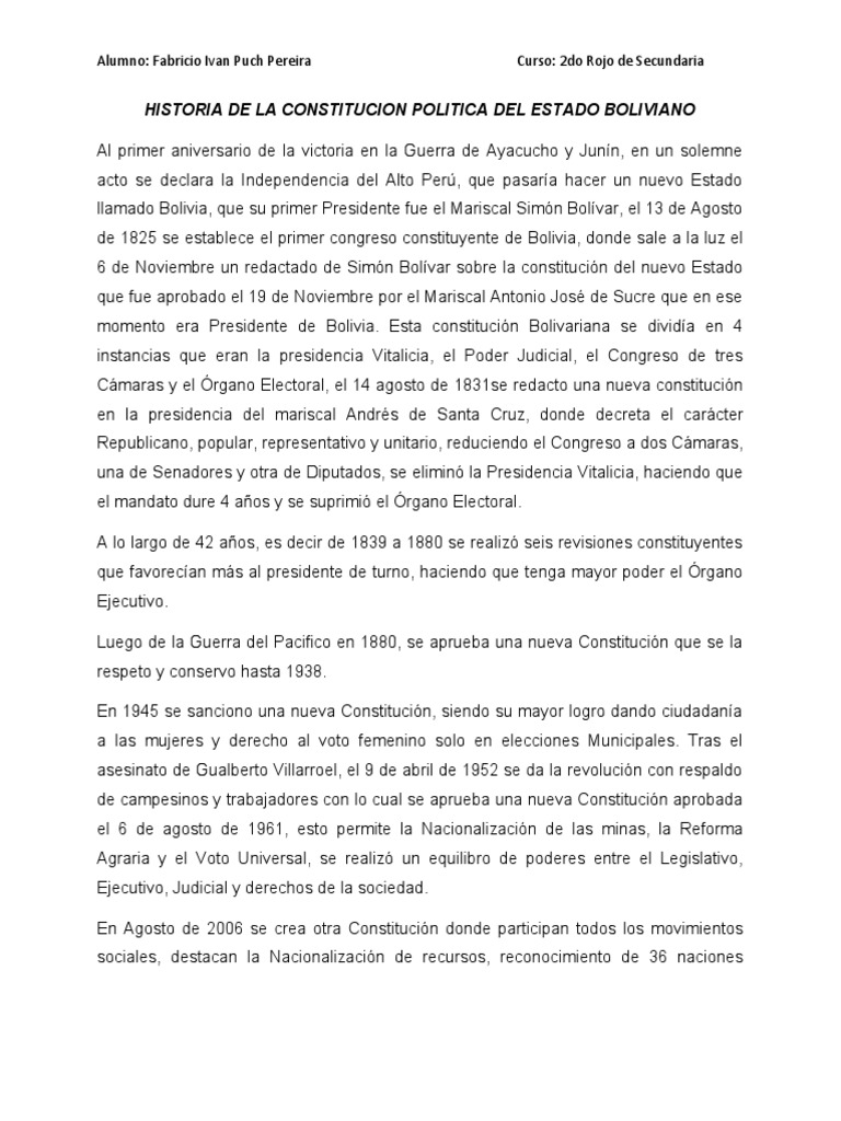 Historia de La Constitucion Politica Del Estado Boliviano | PDF ...