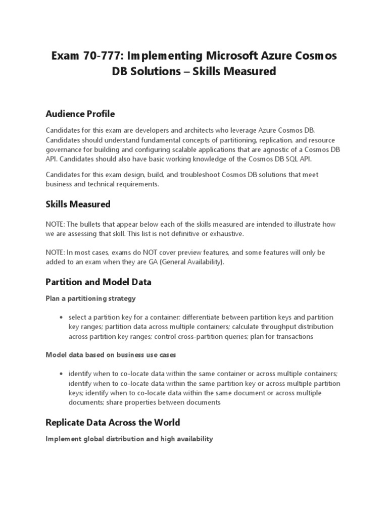Exam 70-777: Implementing Microsoft Azure Cosmos DB Solutions - Skills ...