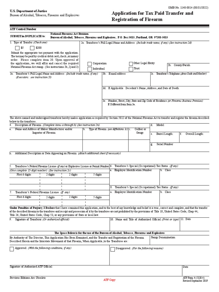 ATF Form 4: Firearm Transfer Application | PDF | Bureau Of Alcohol ...