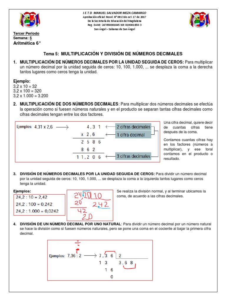 Multiplicación y División de Números Decimales | Descargar gratis PDF ...
