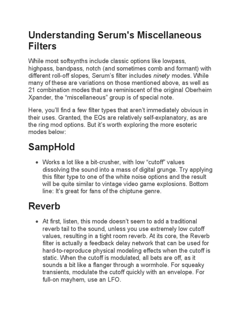 Understanding Serum's Diverse Filter Modes Including SampHold, Reverb ...