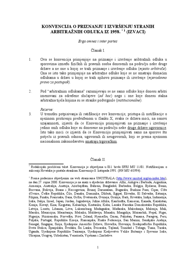 Konvencija o Priznanju Izvrsenju Stranih Arbitraznih Odluka 1958 | PDF