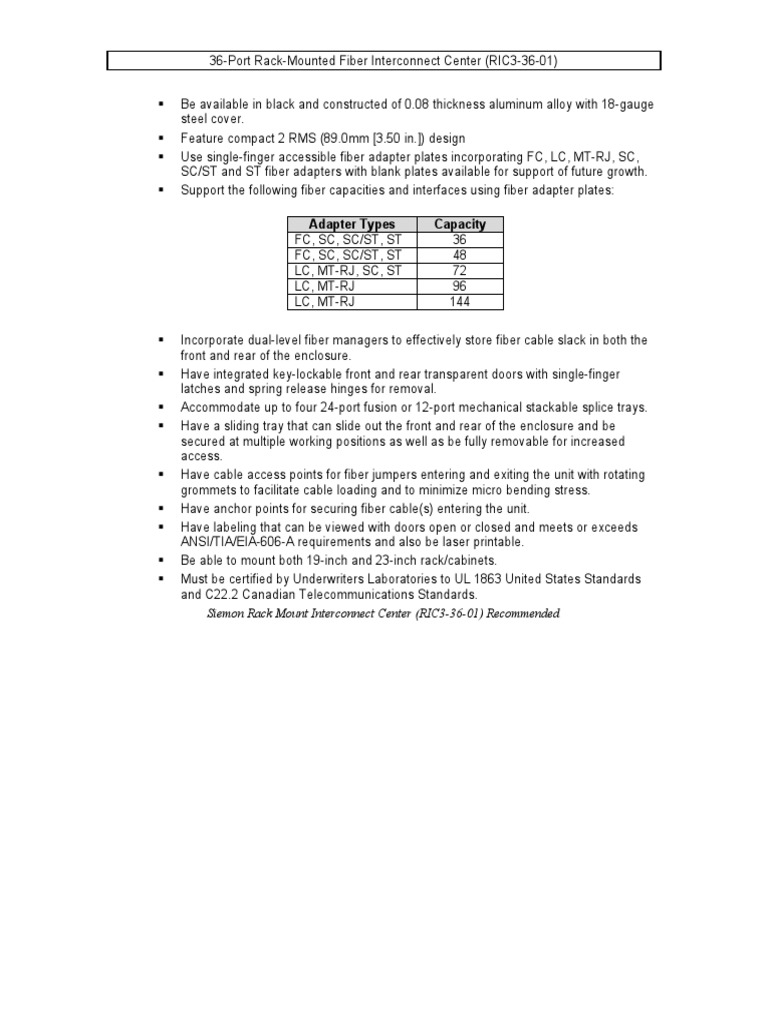 Adapter Types Capacity: Siemon Rack Mount Interconnect Center (RIC3-36 ...