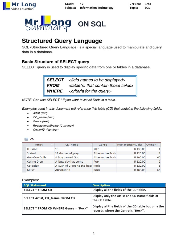 SQL MR Long Summary PDF | PDF | Sql | Table (Database)