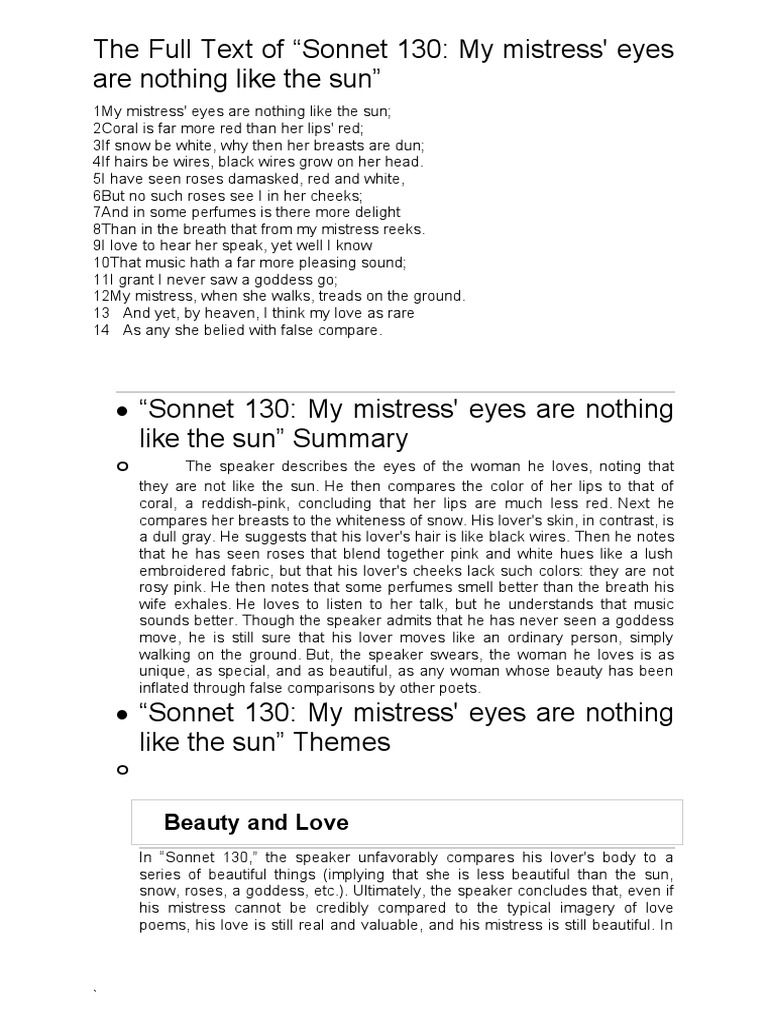L 1 Sonnet 130 Shakespear | PDF | Poetry | Metre (Poetry)