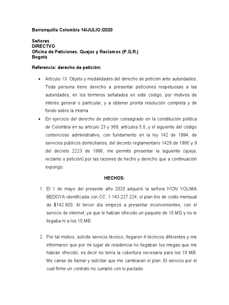Derecho de Peticion de Ivon A Directv Colombia | PDF | Petición | Colombia