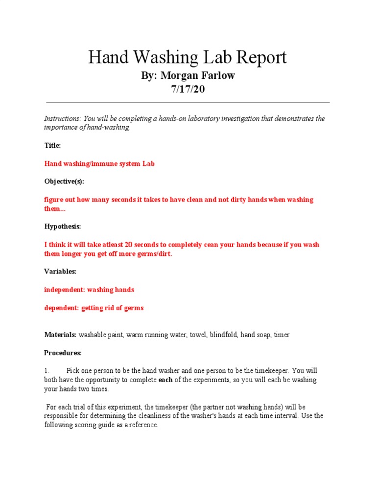 Hand Washing Lab Report: By: Morgan Farlow 7/17/20 | PDF | Washing ...