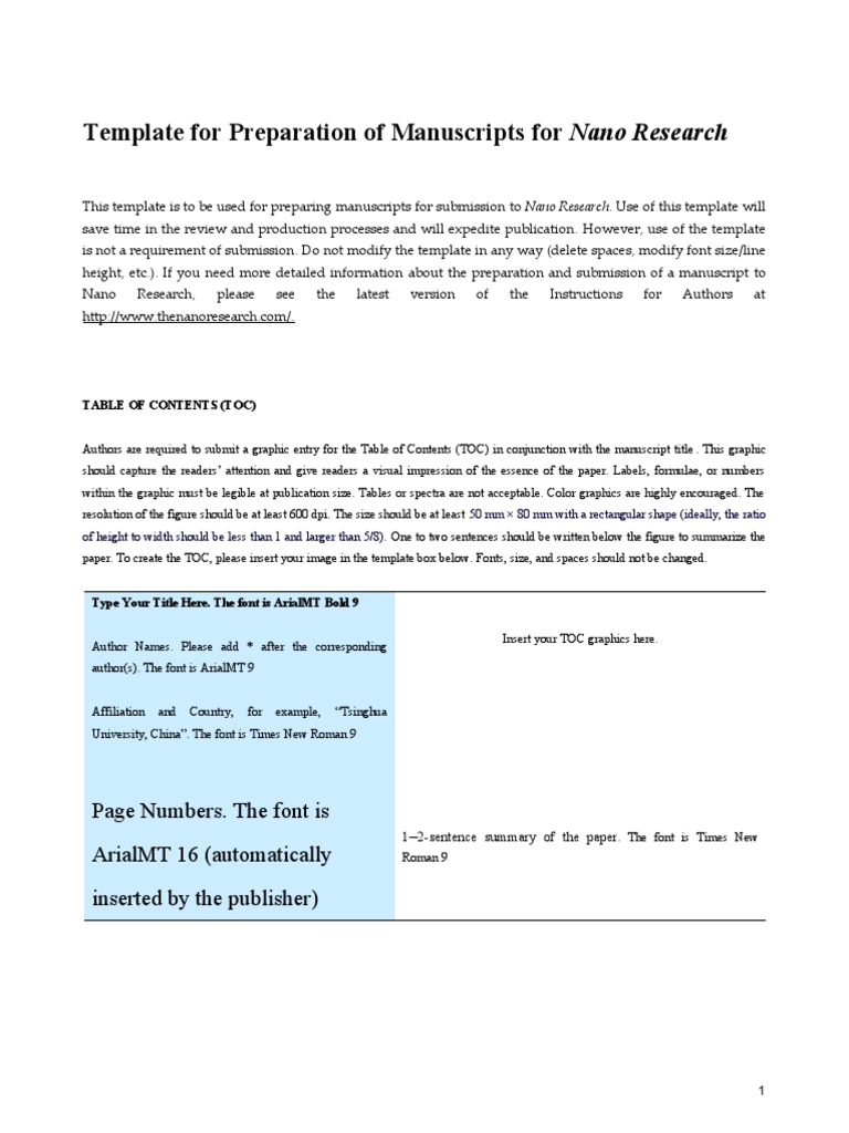 Template For Preparation of Manuscripts For Nano Research | PDF | Times ...