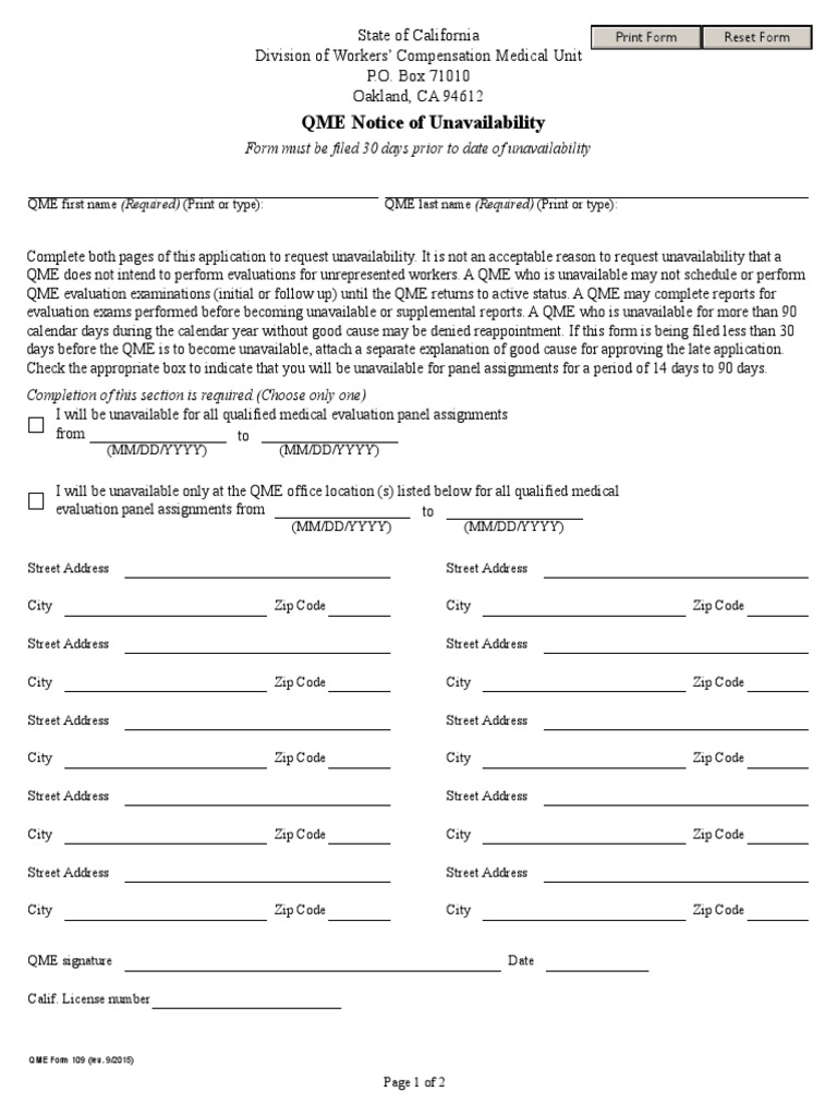 QME Notice of Unavailability: Form Must Be Filed 30 Days Prior To Date ...