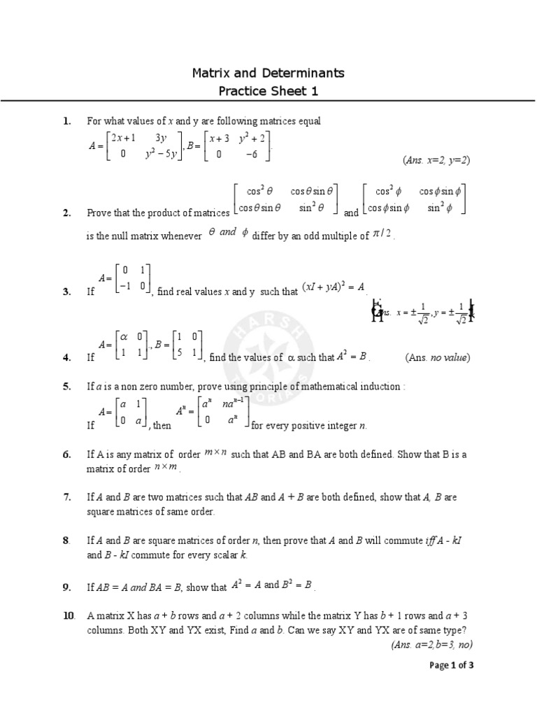Matrices And Determinants Question Sheet 1 Pdf Matrix
