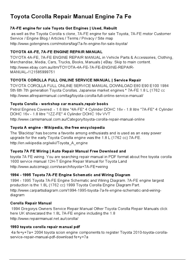 Toyota Corolla Repair Manual Engine 7a Fe | PDF | Toyota | Inline Four Engine