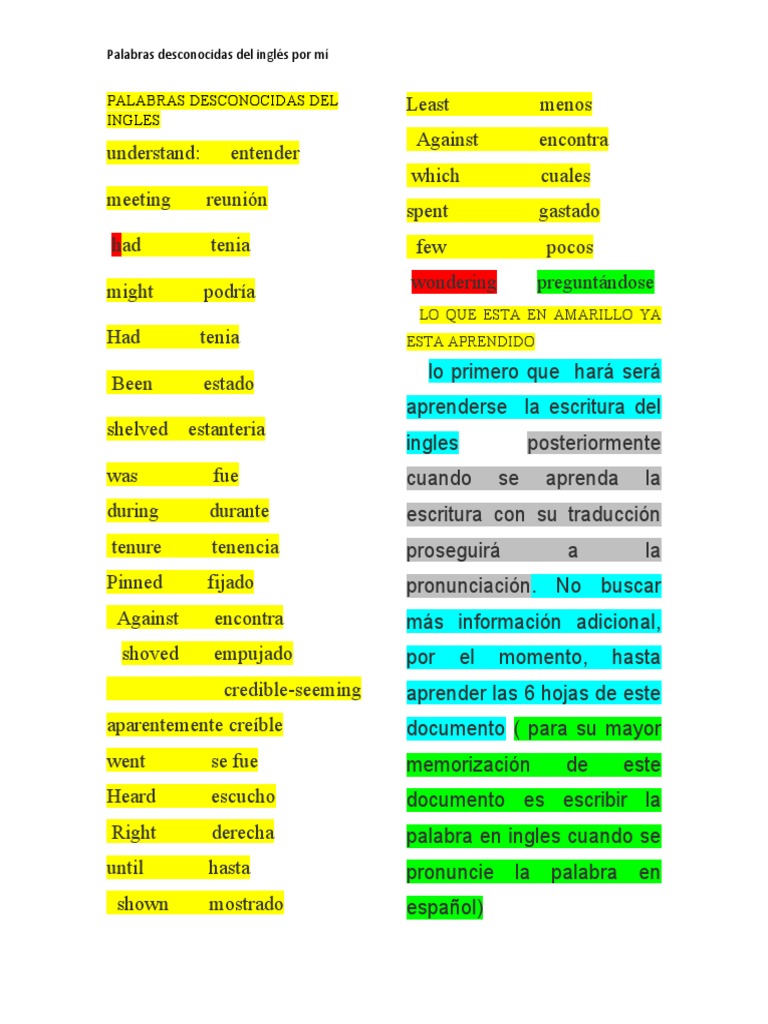 Palabras Desconocidas Del Ingles | PDF | Idiomas