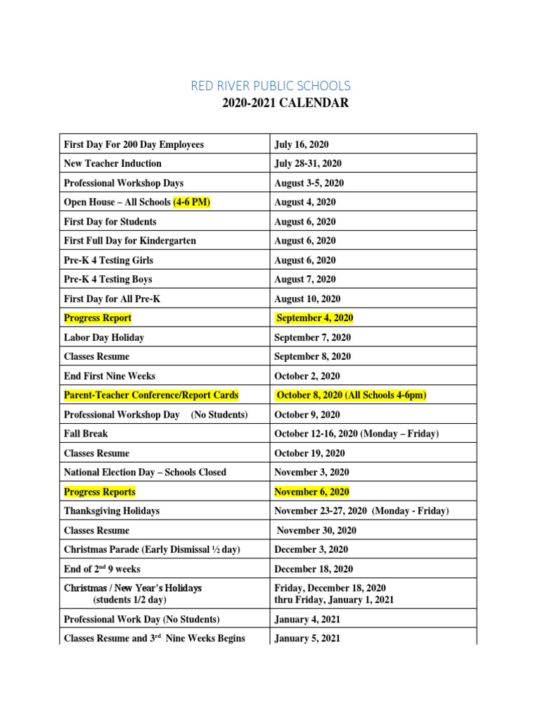 Red River Parish Public Schools' 2020-21 Calendar | PDF | Observances | Holidays