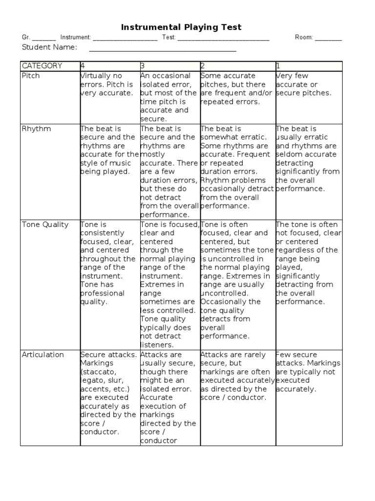 Instrumental Music PerformanceRUBRIC | PDF | Conducting | Tone ...