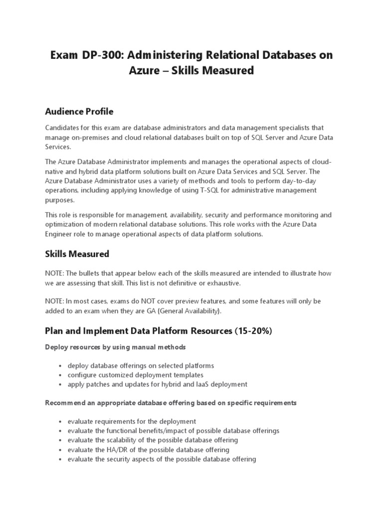 Exam Dp 300 Administering Relational Databases On Microsoft Azure Skills Measured Pdf