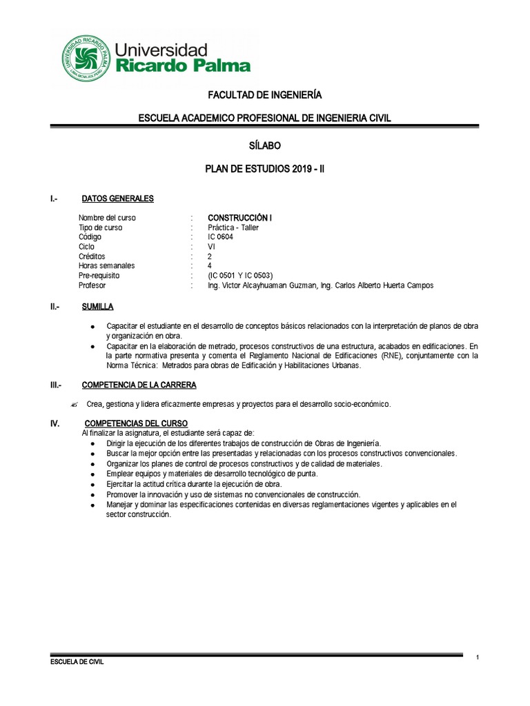 Silabo Ic0604 Construccion I | PDF | Plan de estudios | Hormigón