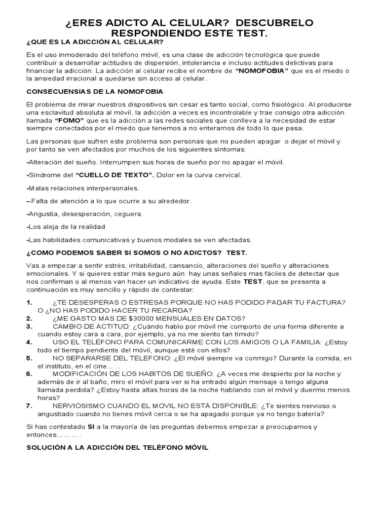 Test para identificar adicción al celular | PDF | Teléfonos móviles ...