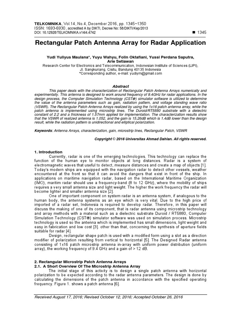 ) Rectangular Patch Antenna Array For Radar Application - Journal | PDF ...