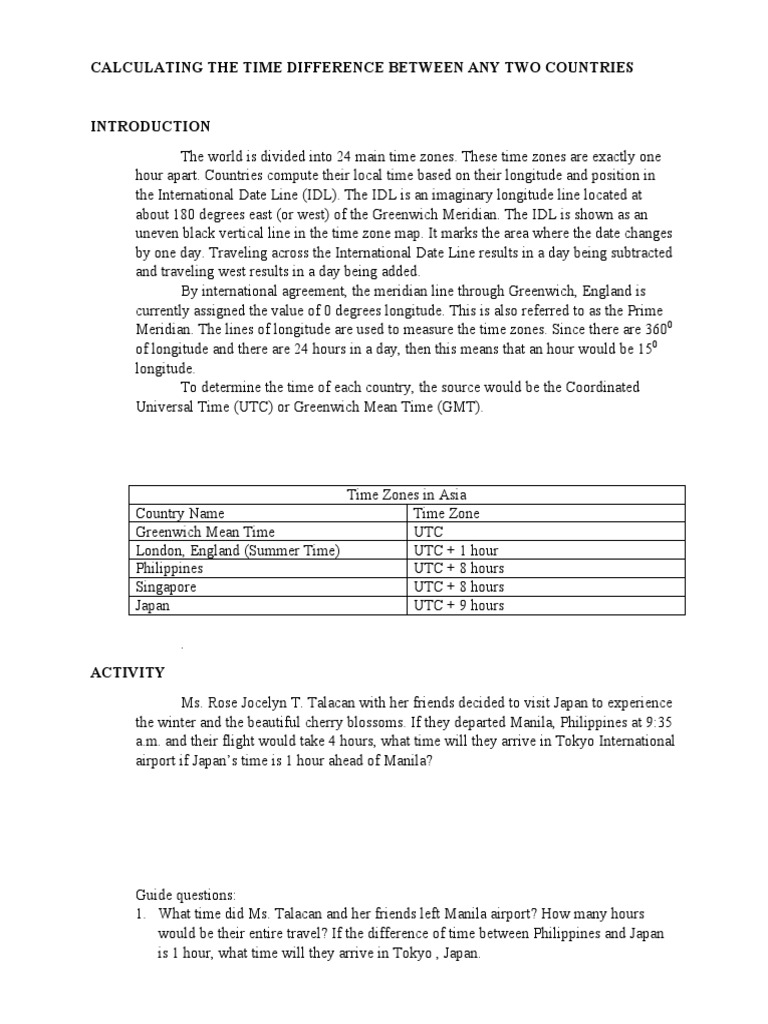 Calculating The Time Difference Between Any Two Countries | PDF ...