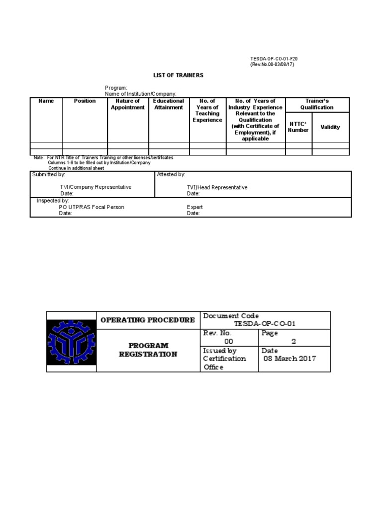 TESDA-OP-CO-01-F20 - List of Trainers | PDF