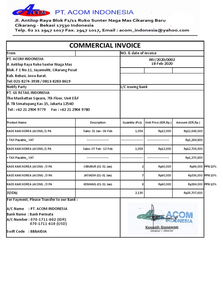 Commercial Invoice: 070-1711-610 (USD) 070-1711-602 (IDR) | PDF ...