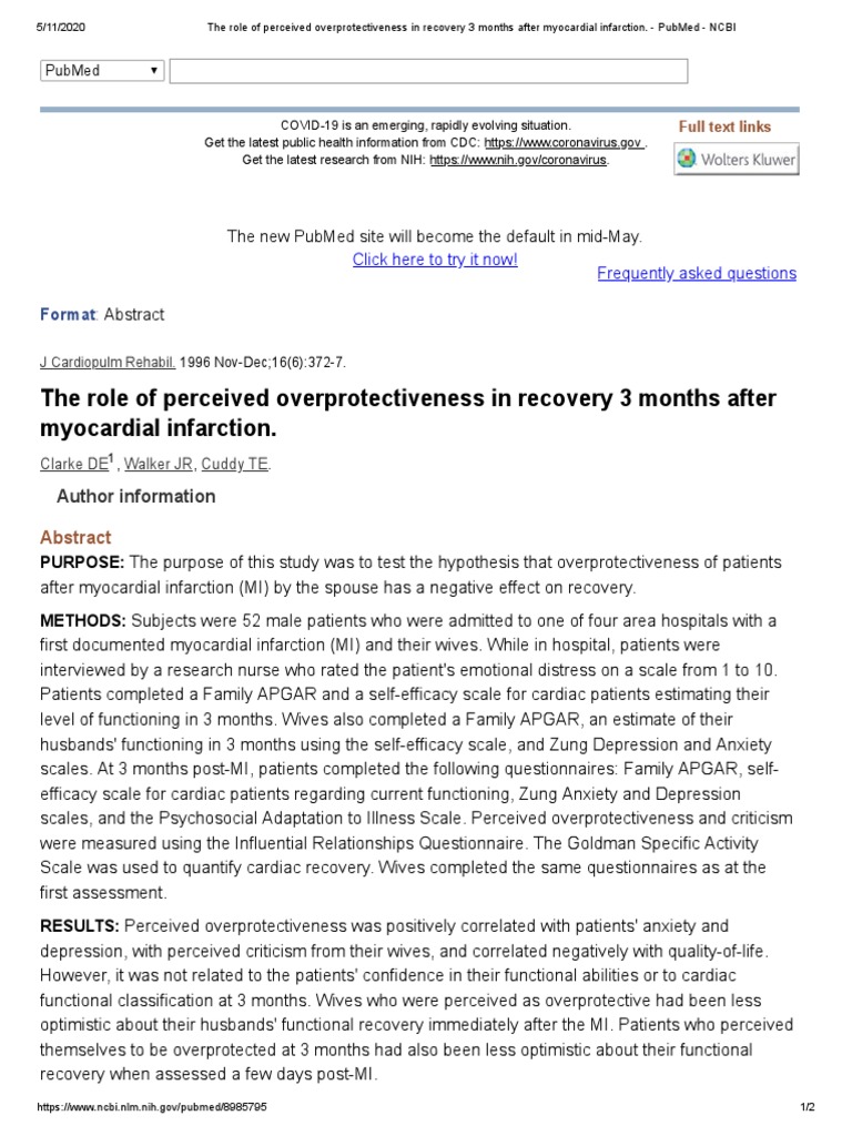 The Role of Perceived Overprotectiveness in Recovery 3 Months After ...