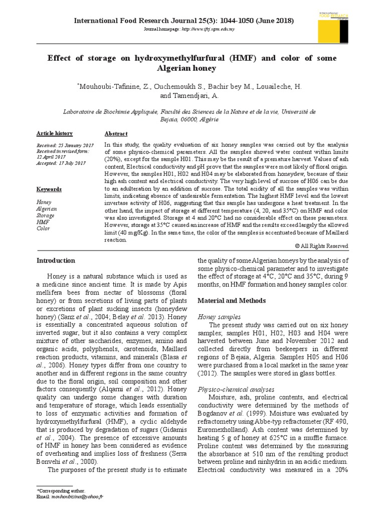 Effect of Storage On Hydroxymethylfurfural (HMF) and Color of Some ...